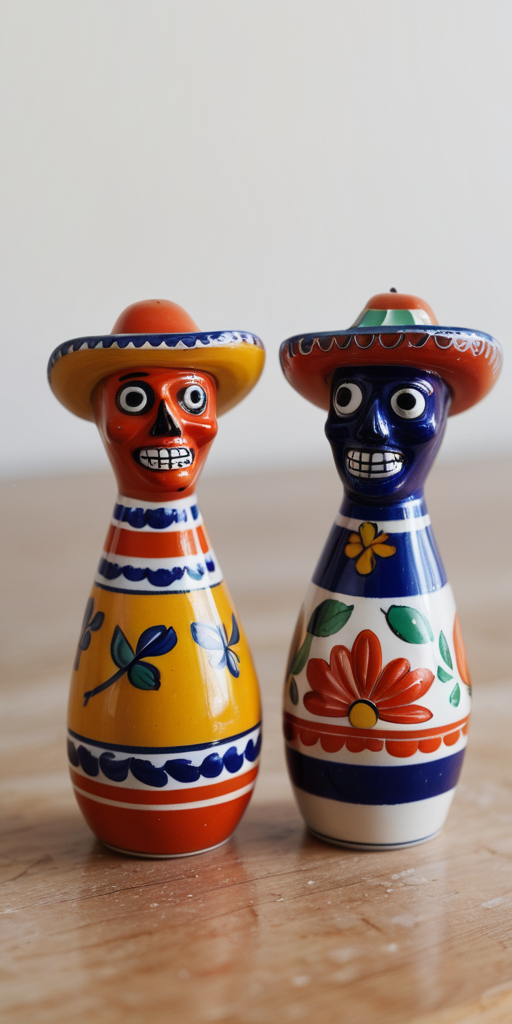 Colorful Day of the Dead Salt and Pepper Shakers with Traditional Designs.
