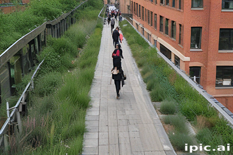 People Walking Along a Green Urban Pathway in a Cityscape