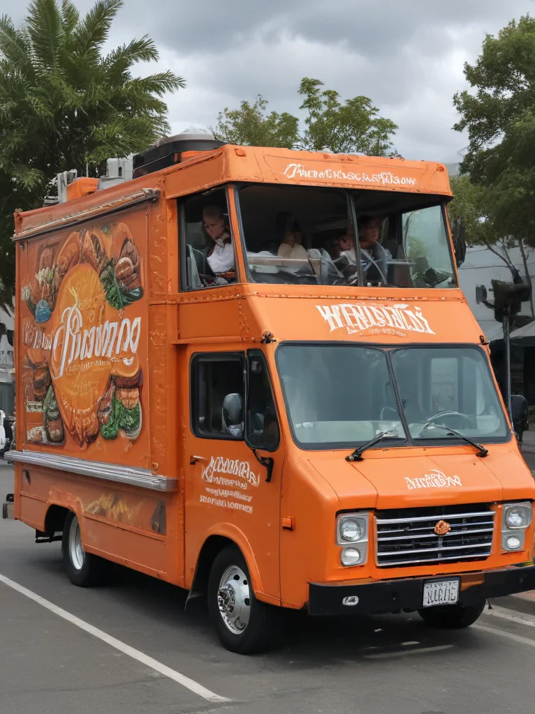 Vibrant Orange Food Truck Serving Delicious Treats in a Bustling City