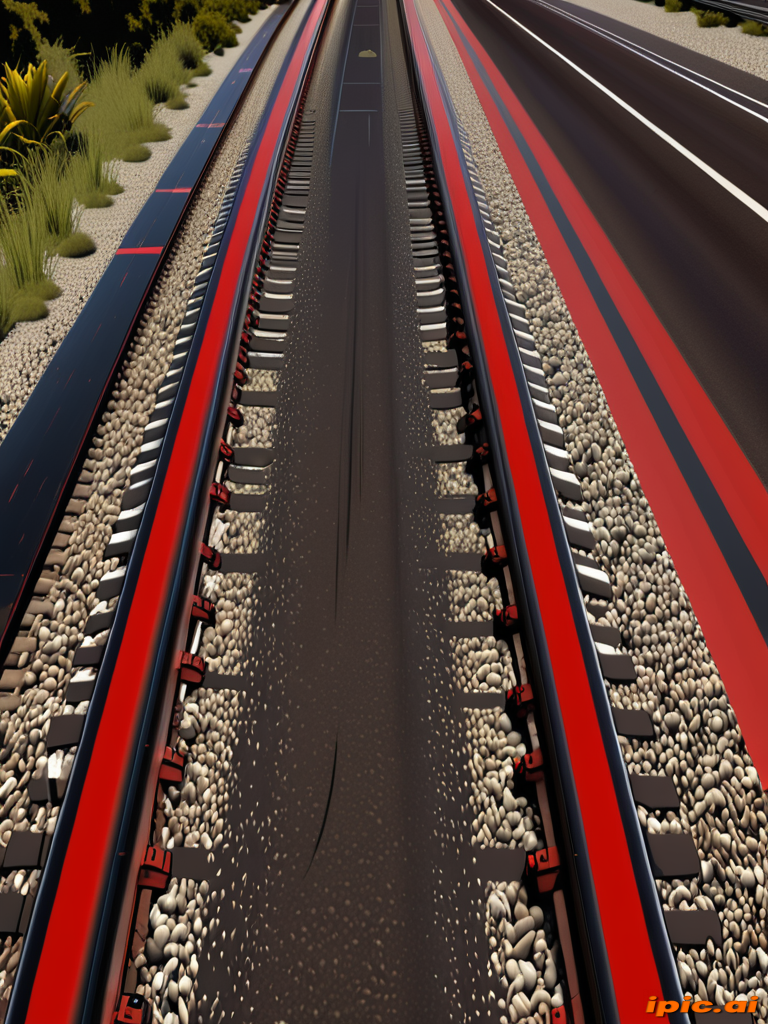 Modern Train Tracks with Vibrant Red Accents and Scenic Surroundings