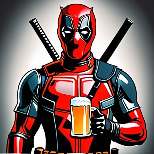 Deadpool holding a beer comic style logo signed BB Brewers in comic font