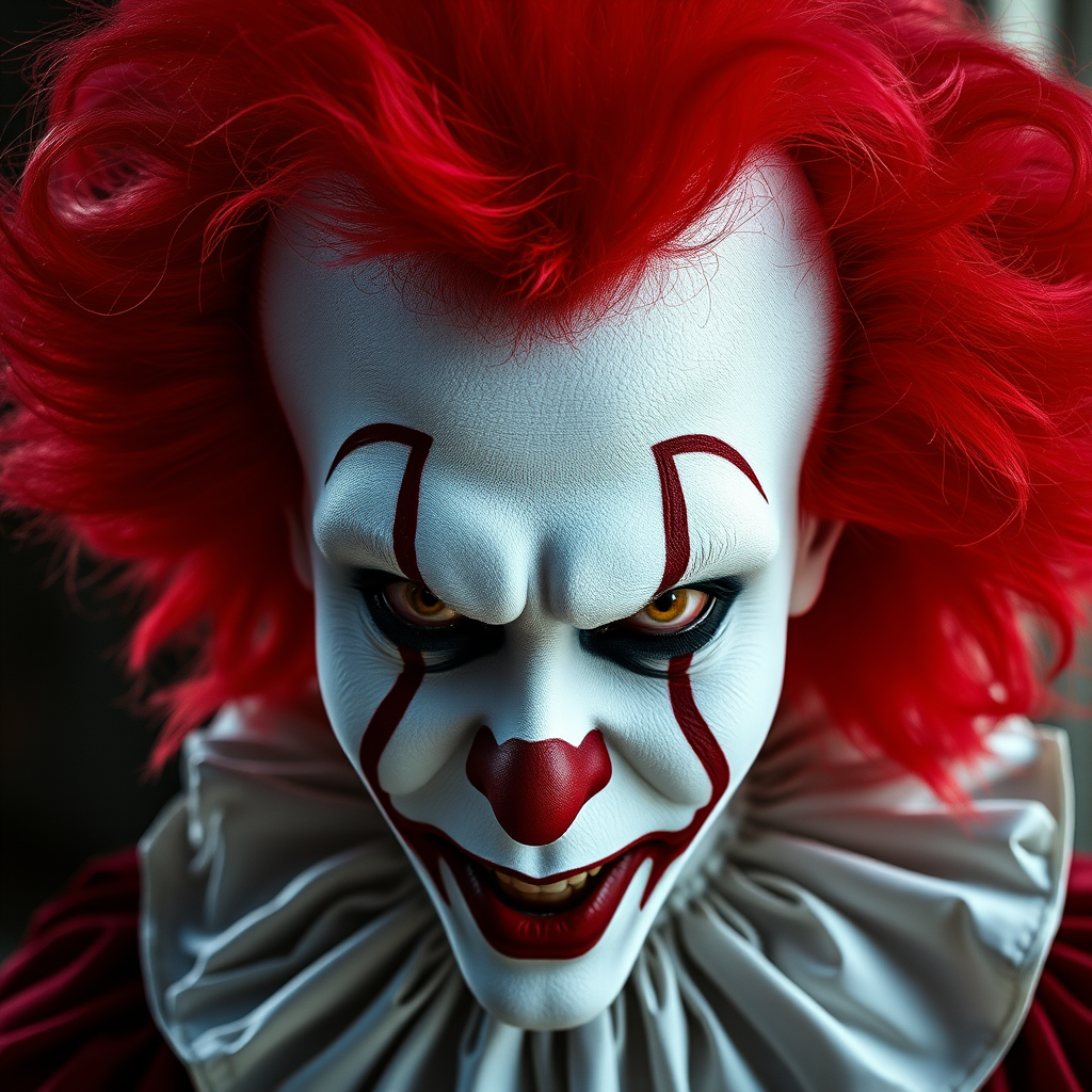 Create a highly detailed portrait of a sinister clown with a white face ...