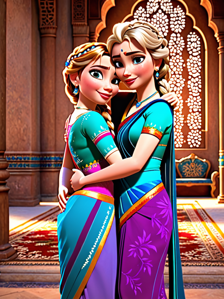 Elsa and Anna together hugs in saree indian 3D Disney