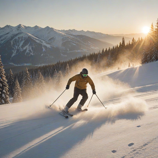 Thrilling Winter Adventure: Skier Gliding Down Snowy Mountain at Sunset