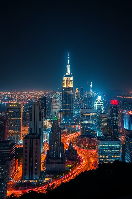 Stunning Night View of a Vibrant City Skyline Illuminated by Lights