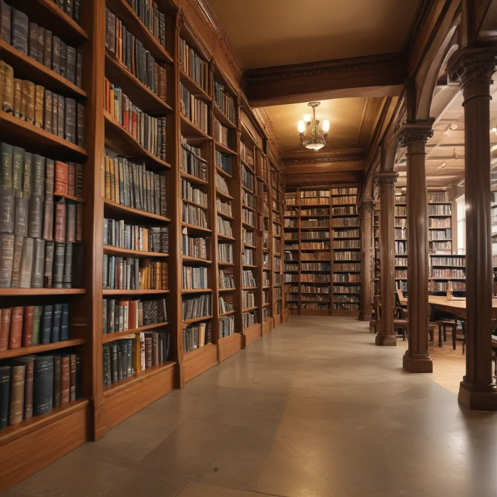 A Grand Library Interior Filled with Rows of Antique Books and Warm Light