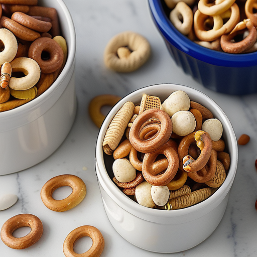 A Colorful Assortment of Crunchy Snack Rings and Bites in Bowls