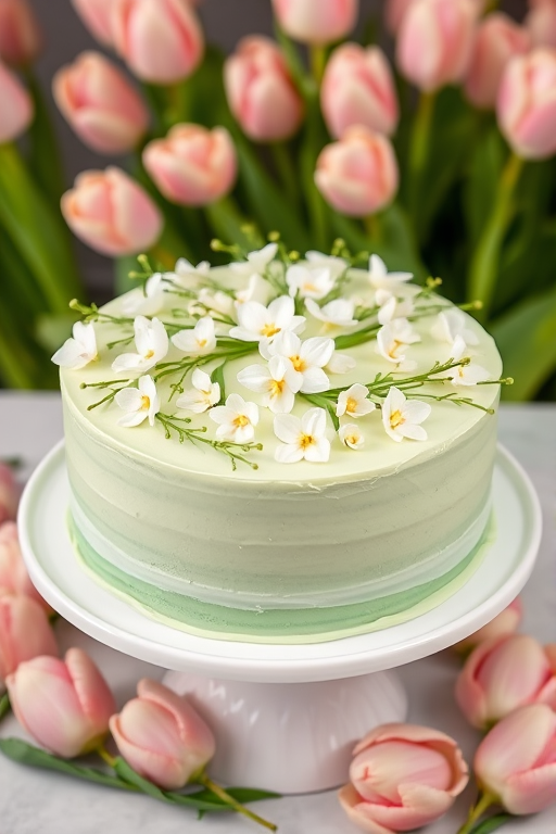 Deliciously Elegant Spring Cake Adorned with Fresh Flowers and Tulips