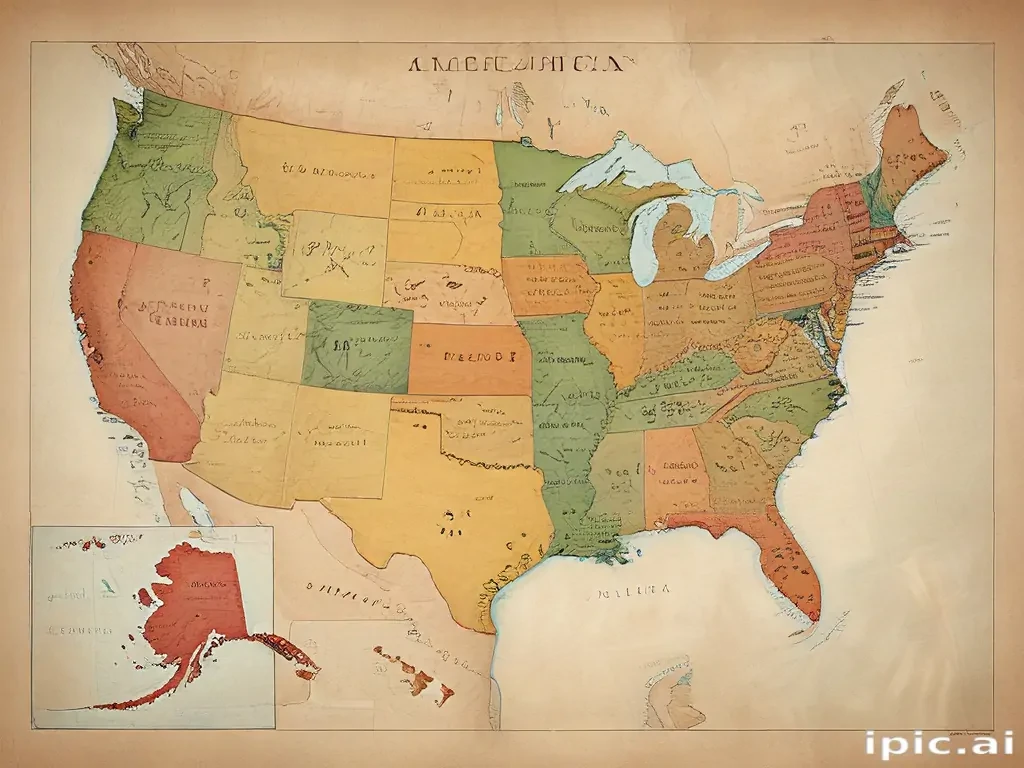 Historical Map of the United States Highlighting State Boundaries and ...