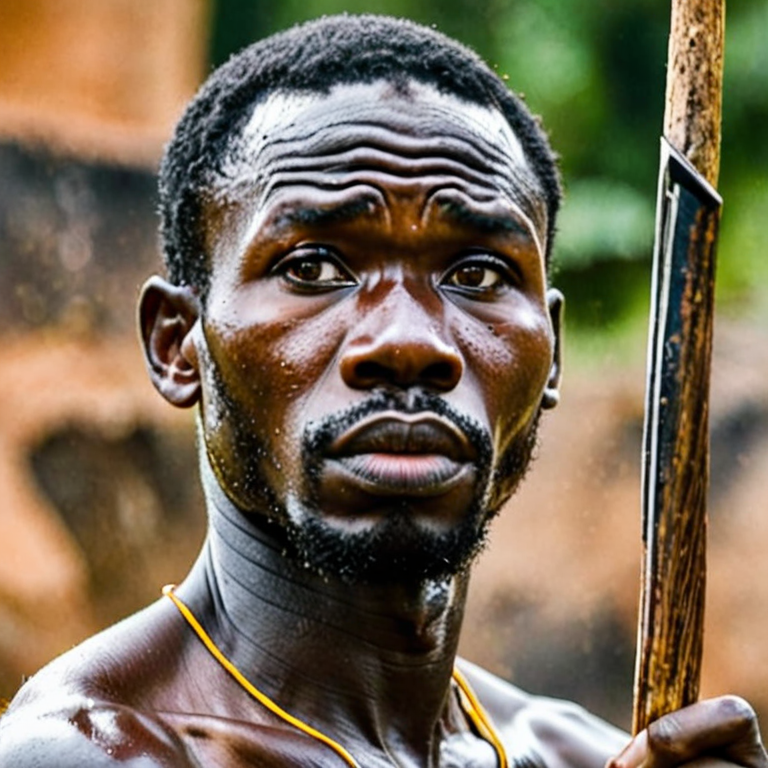 Photo of ripped uganda man mewing with a spear in his hand and looking out into the distance.