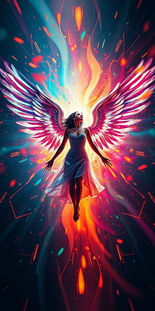 Create a vivid digital artwork of an ethereal figure with wings in a ...