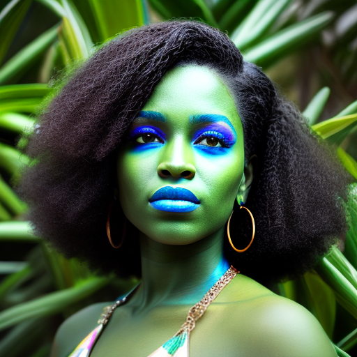 black Brazilian heroine with green eyes, lips with blue lipstick