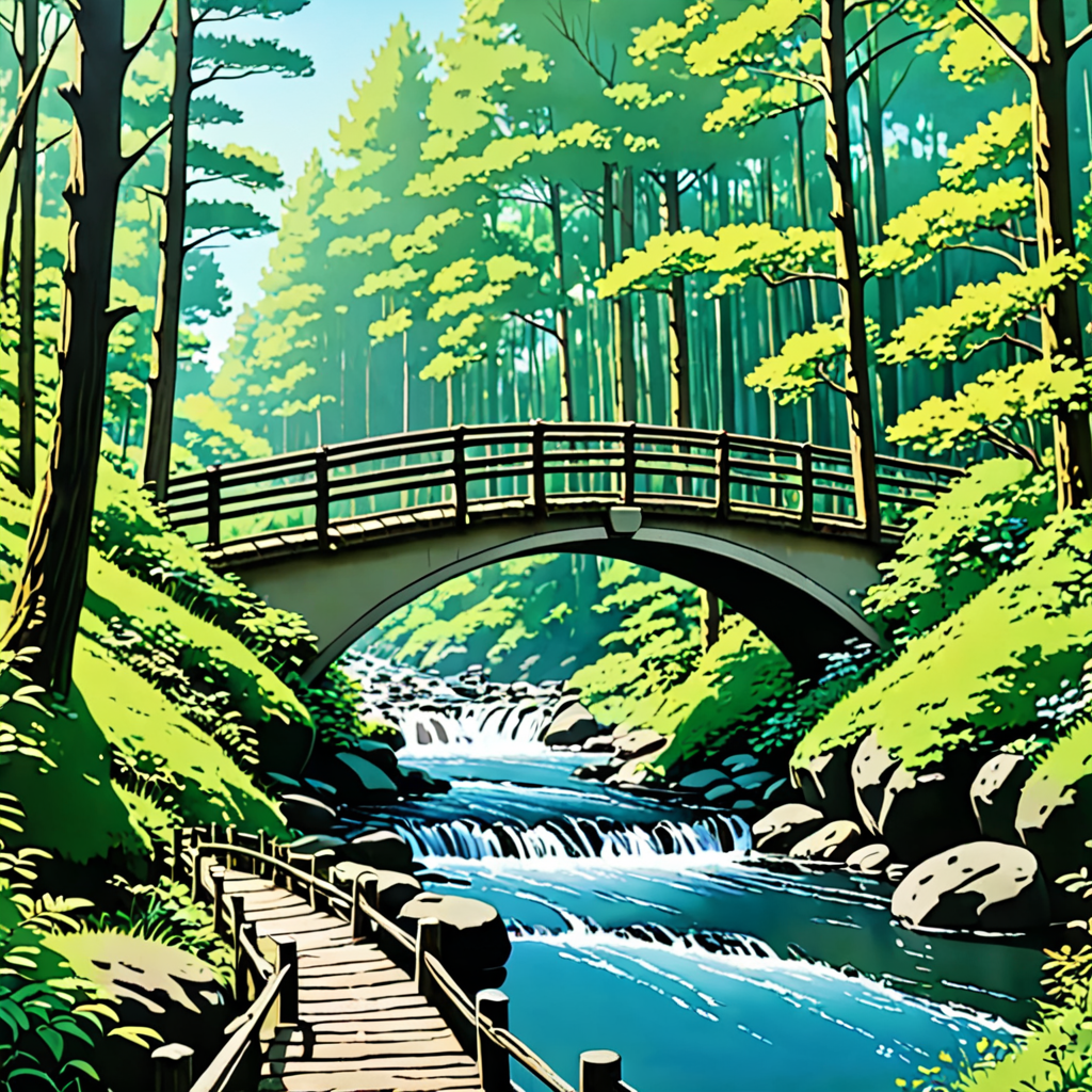 ghibli style forest with a river and a bridge (sunny day)