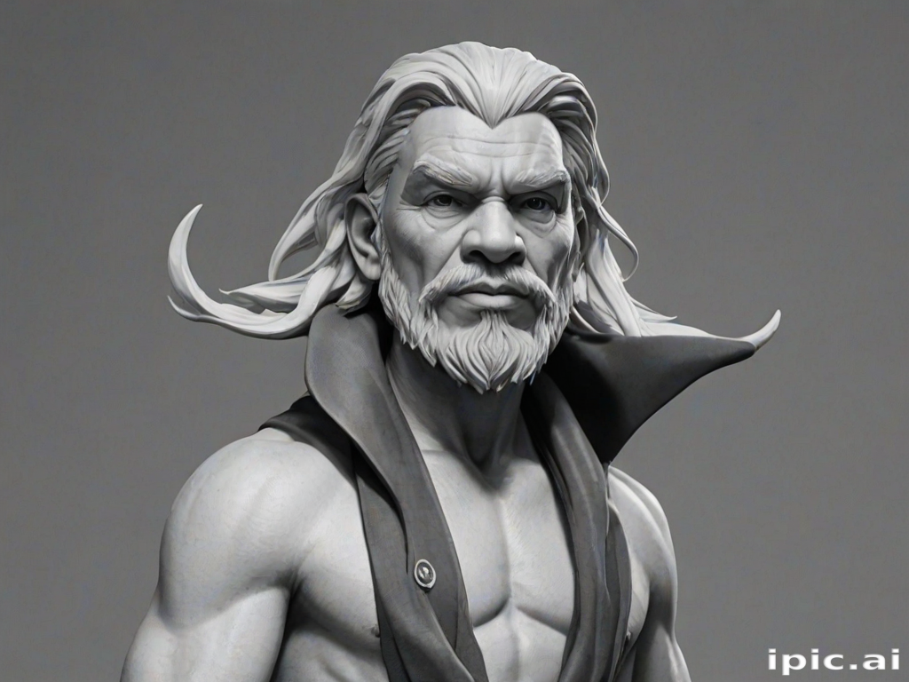 A Detailed Sculpture of an Imposing Character with Long Hair and Beard.
