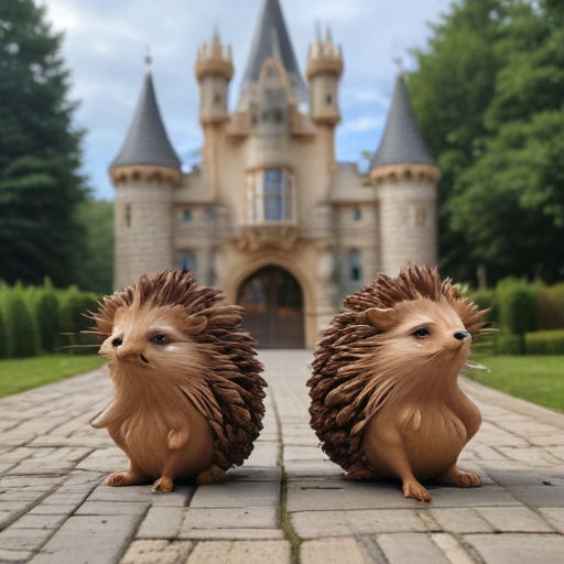 a big castle with 2 brown and tan hedgehog statues outside the entree way