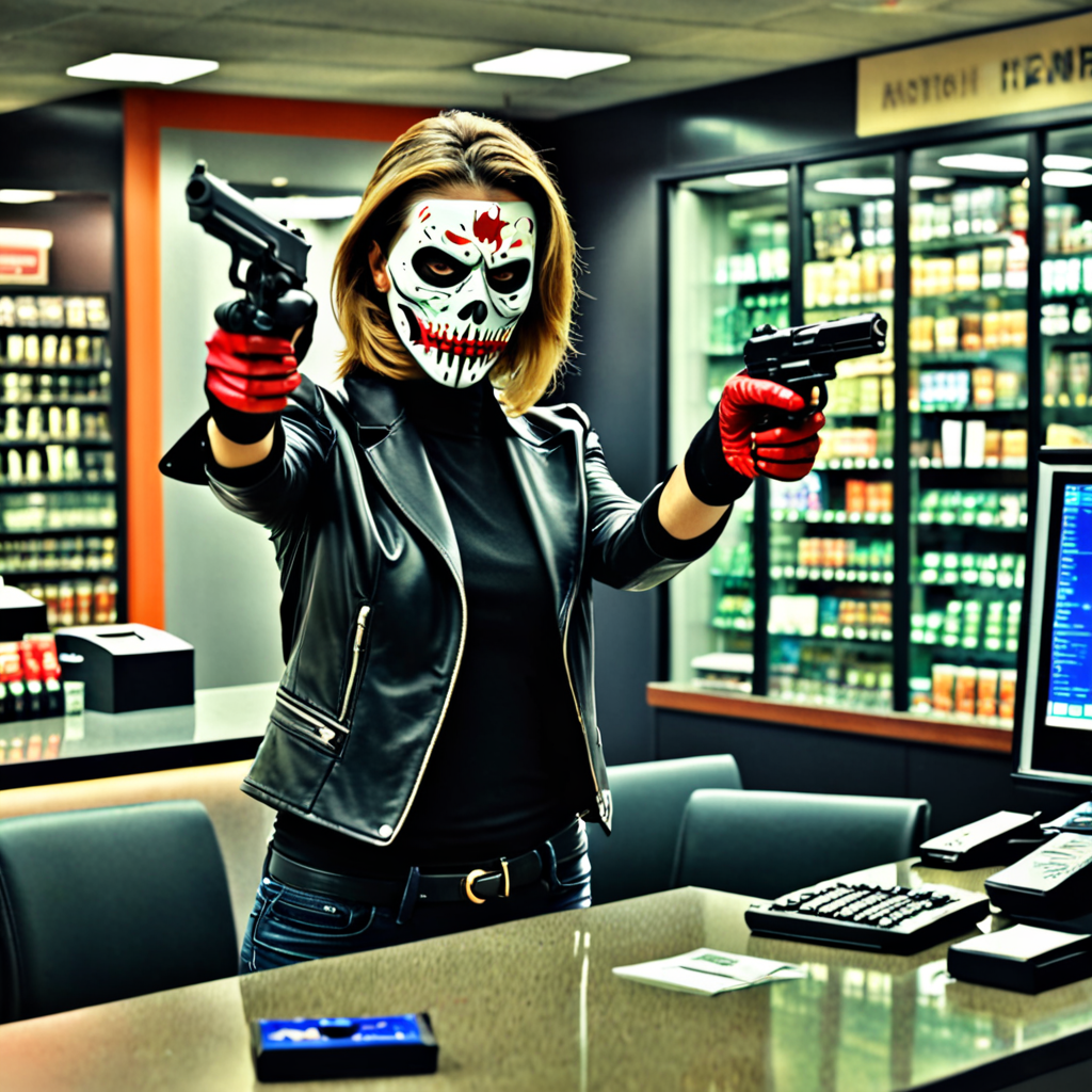 Bank robbery by a woman, leather blazer, black leather gloves, zombie ...