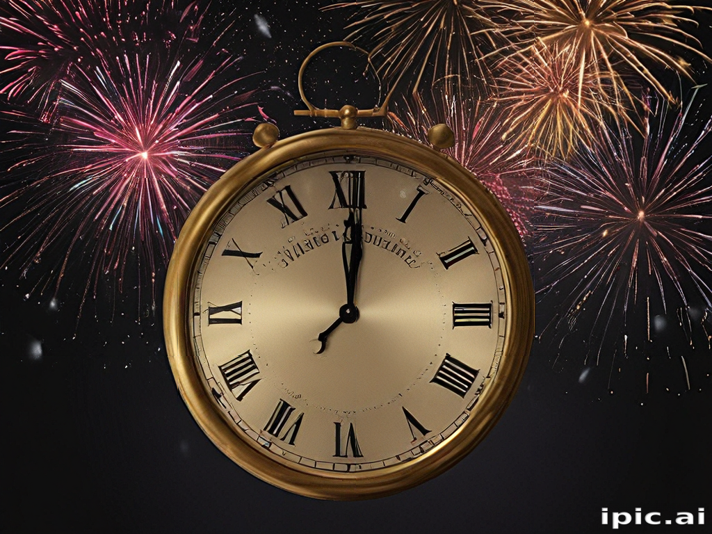 Elegant Antique Clock Surrounded by Vibrant Fireworks Celebrating a ...