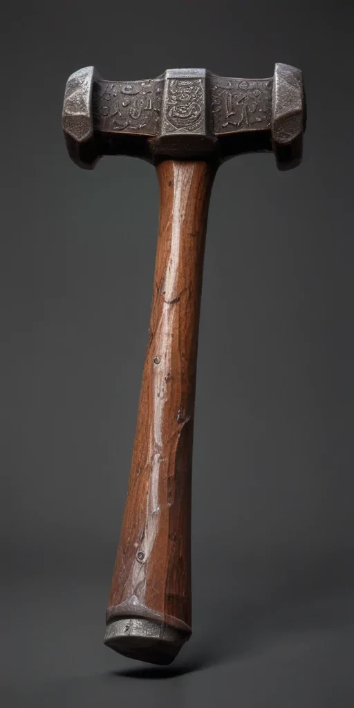 A Unique Ornate Hammer with Intricate Designs and a Wooden Handle