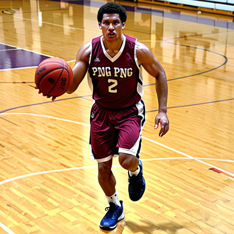 Dynamic Basketball Player Dribbling Down the Court in Competitive Game