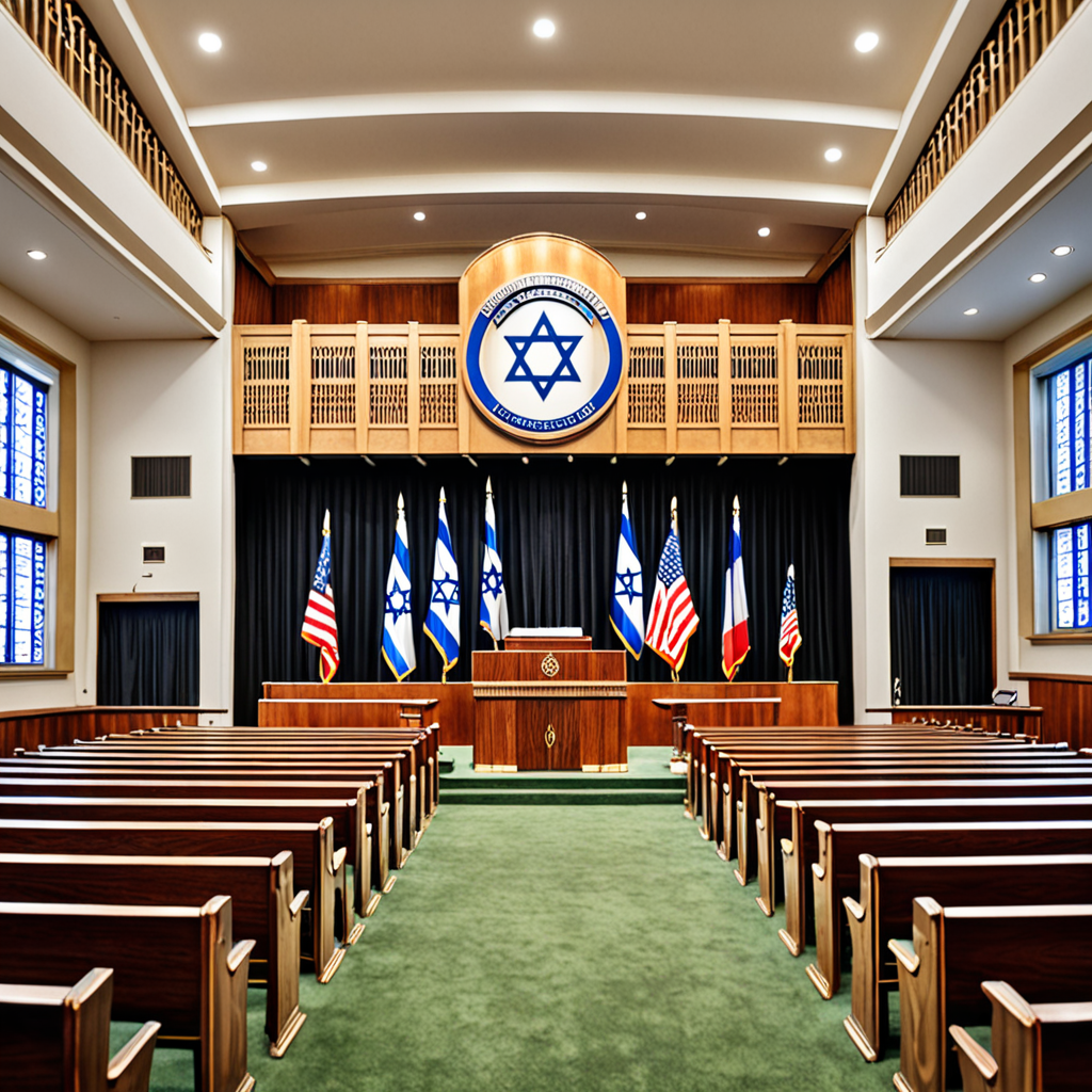 synagogue bimah with israel and american flags