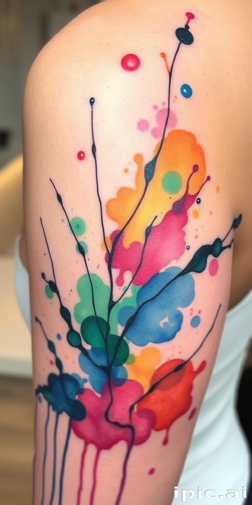 Vibrant Watercolor Tattoo Design Featuring Colorful Splashes and Abstract Branches