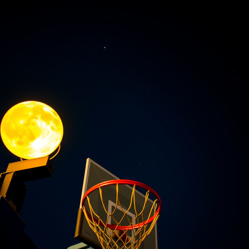 Nighttime Basketball Scene with a Full Moon Illuminating the Court