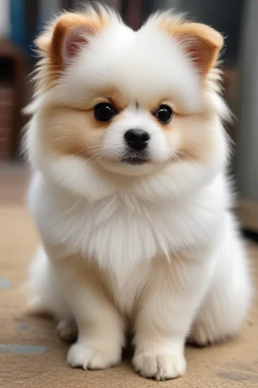 A Fluffy Pomeranian Puppy with Adorable Features Sitting on a Mat