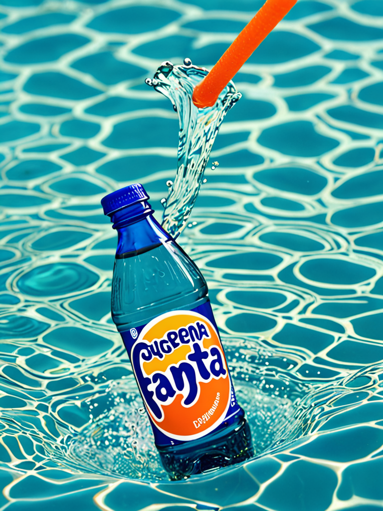 A bottle of Fanta taking a dive into a pool
