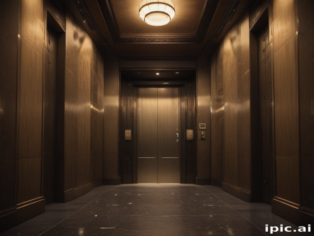 Elegant Elevator Lobby with Rich Wood Paneling and Ambient Lighting