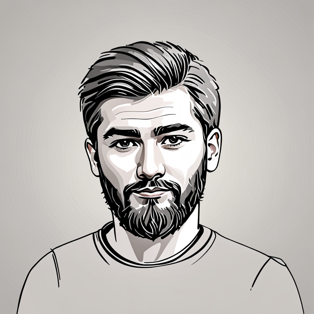 few strokes drawing of a tall chuby man with short hair, long long ...