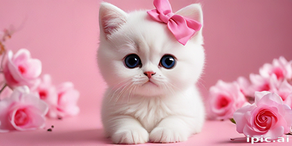 A Cute White Kitten with a Pink Bow Surrounded by Beautiful Roses