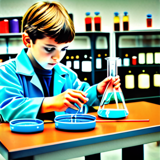 a kid doing an experiment in a lab