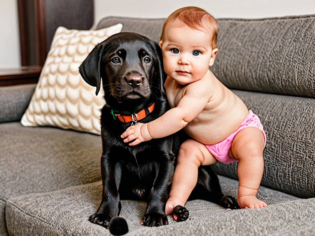 black lab sitting on a baby