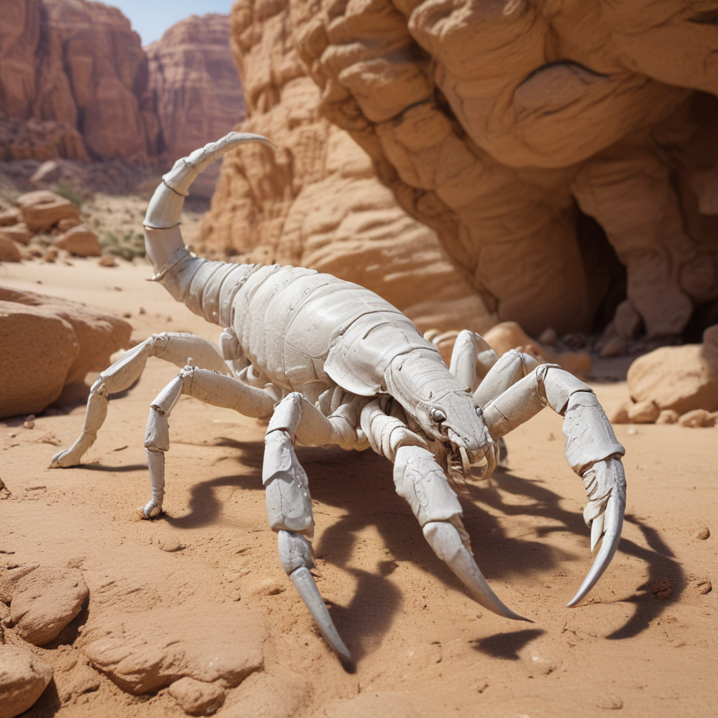 big, white scorpion, with tail, in stone, desert, cave, in the light ...