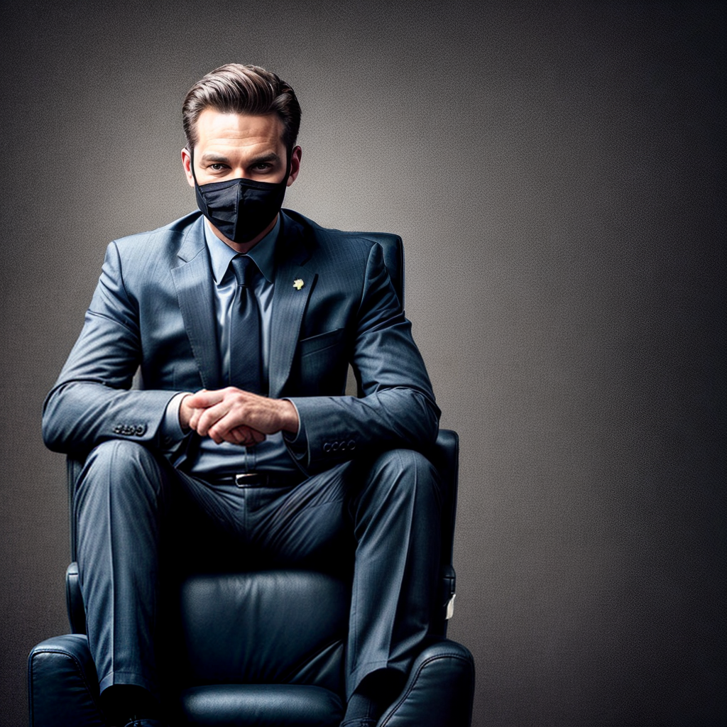 man in black suit with hacker mask sitting on a throne