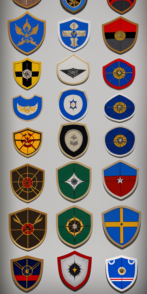 A Collection of Colorful and Unique Heraldic Shields Displayed in Rows