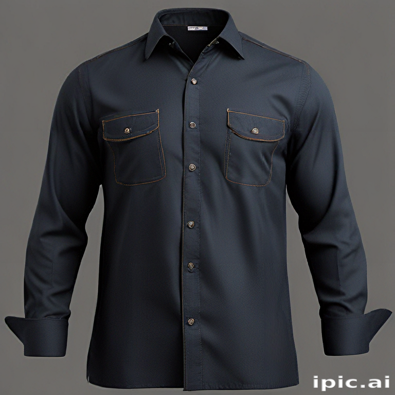 Stylish Men's Dark Blue Button-Up Shirt with Chest Pockets and Long Sleeves