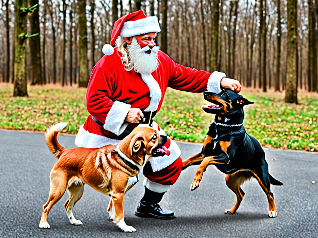 Santa Claus fighting with the dog