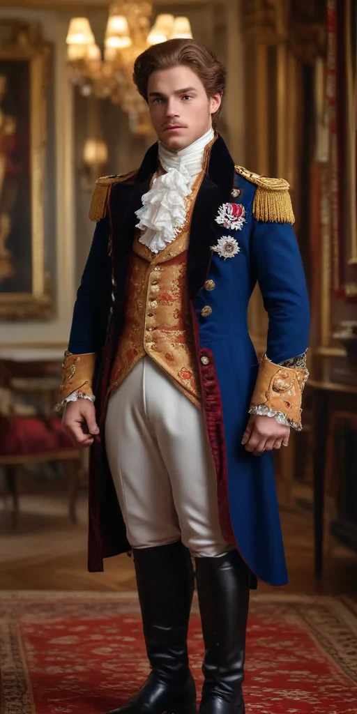 Elegantly Dressed Young Man in Regal Historical Military Attire and Setting