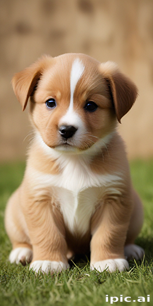 Adorable Puppy with Fluffy Fur Sitting on Green Grass in the Sunlight