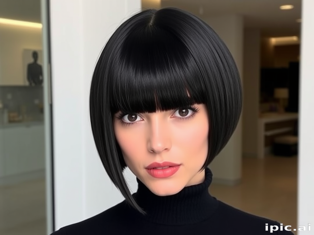 Stylish Young Woman with Chic Black Bob Haircut and Bangs