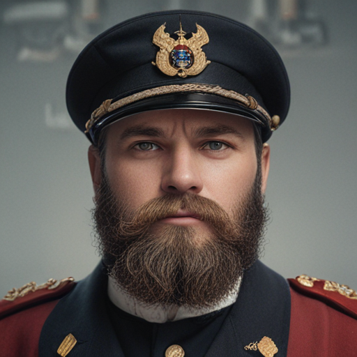 portrait of a battleship captain, with full beard, primarily red colors ...