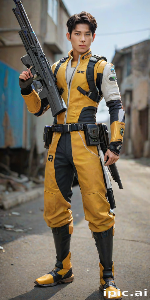 Futuristic Hero in Yellow and Black Suit Holding High-Tech Rifle