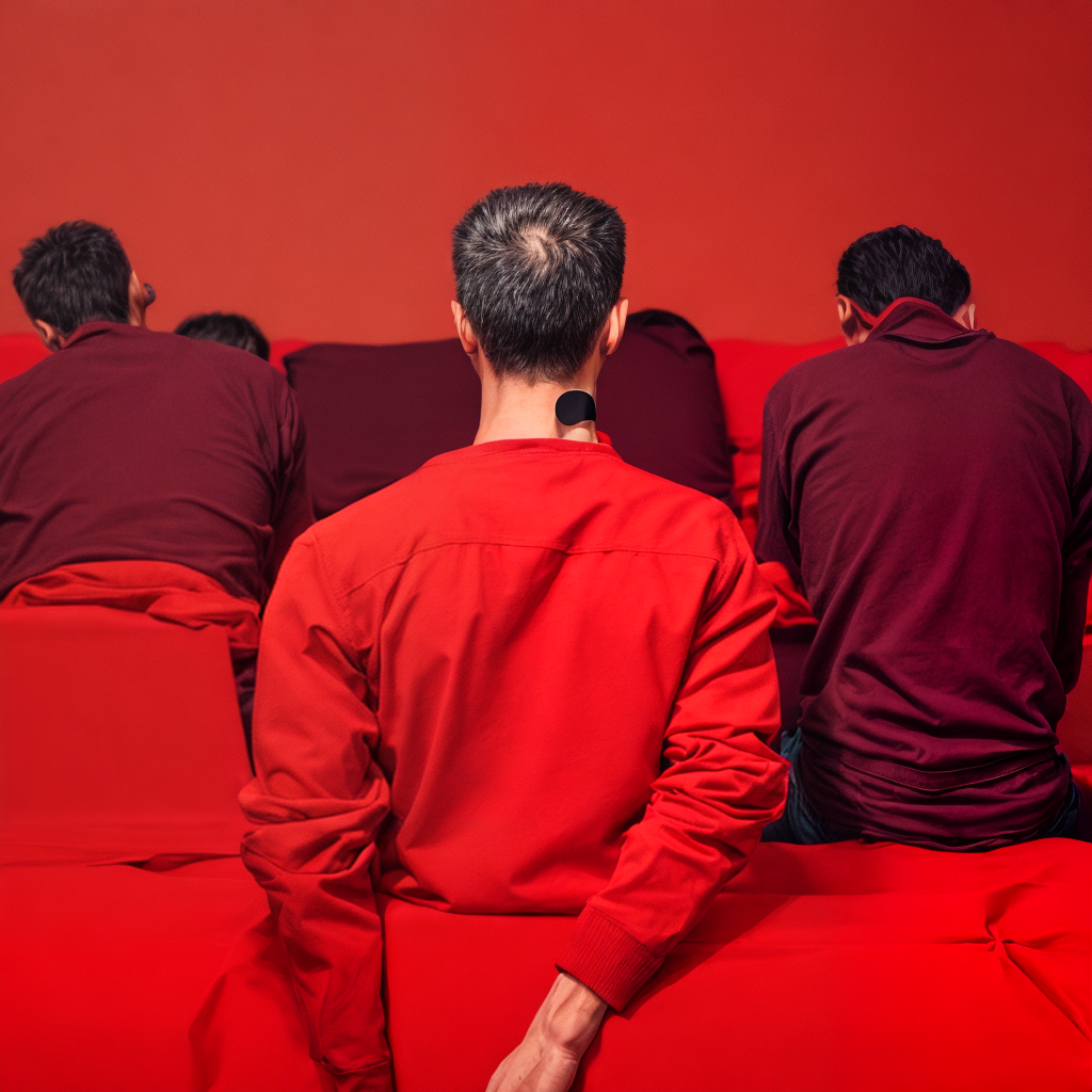 headless men sitting in a room black and white