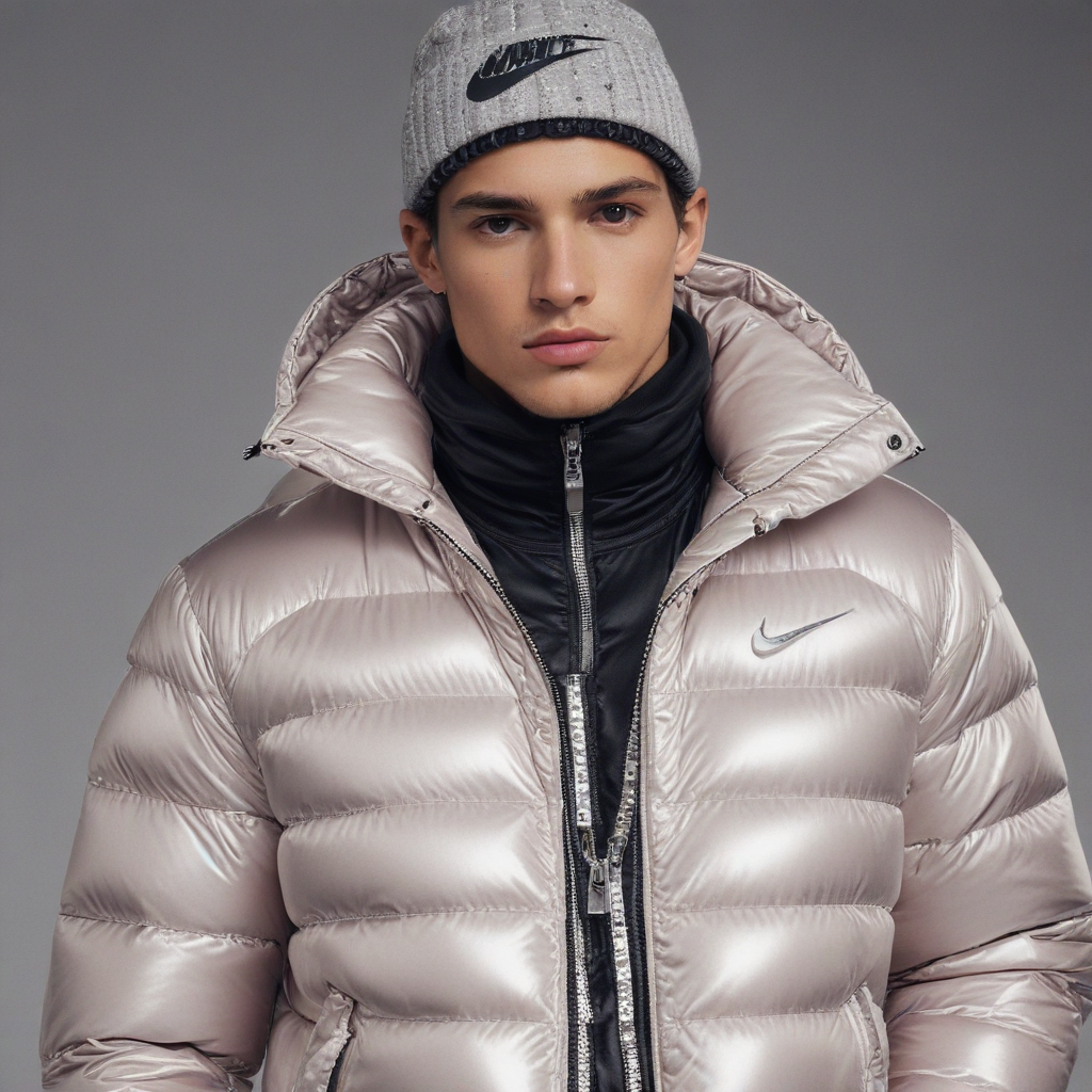 Male supermodel nike shiny puffer jacket bling jewellery hood