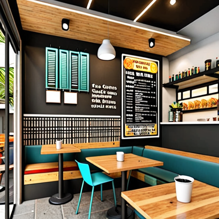 create An interior perspective of a filipino street food style themed cafe