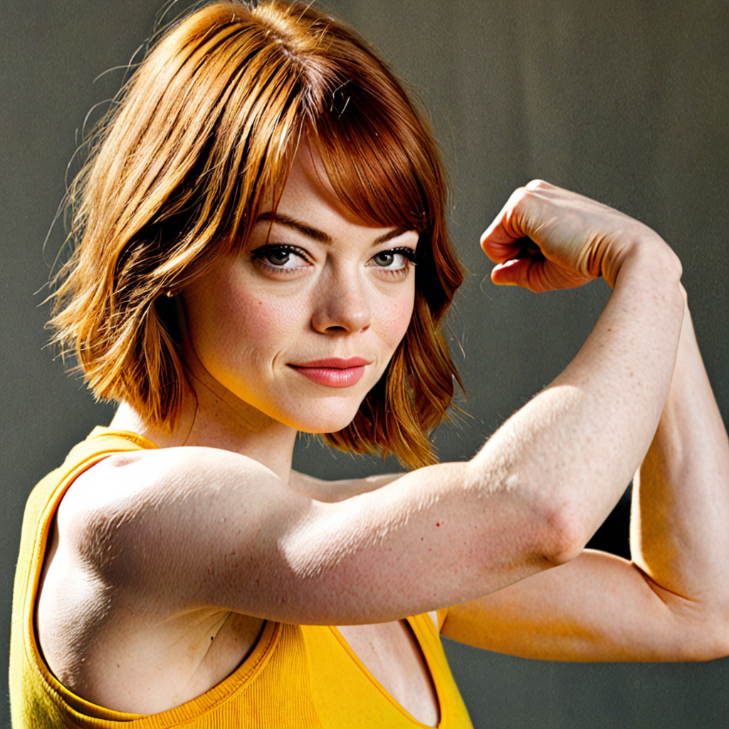 Youthful Emma Stone, flexing, large biceps