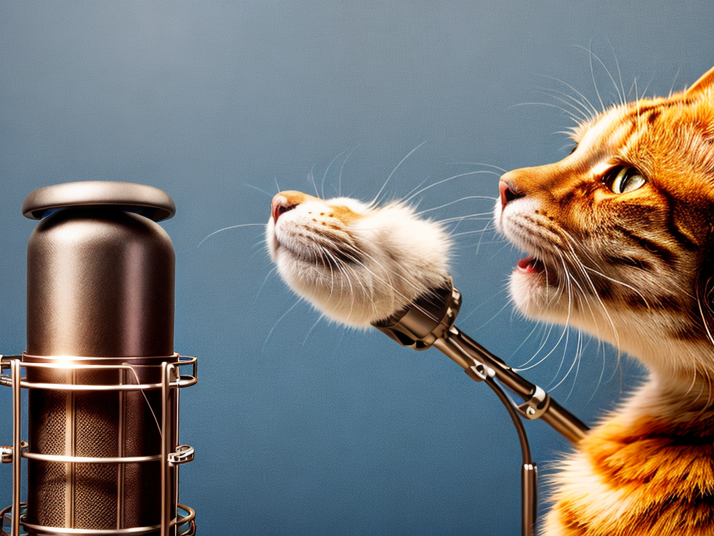 Cat singing into microphone, recording studio