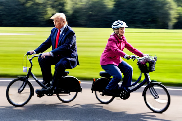 Donald Trump and Hillary Clinton riding a tandem bicycle together