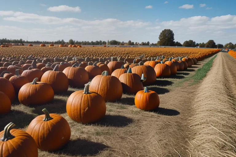 A Vibrant Pumpkin Patch Under a Clear Blue Sky in Autumn.